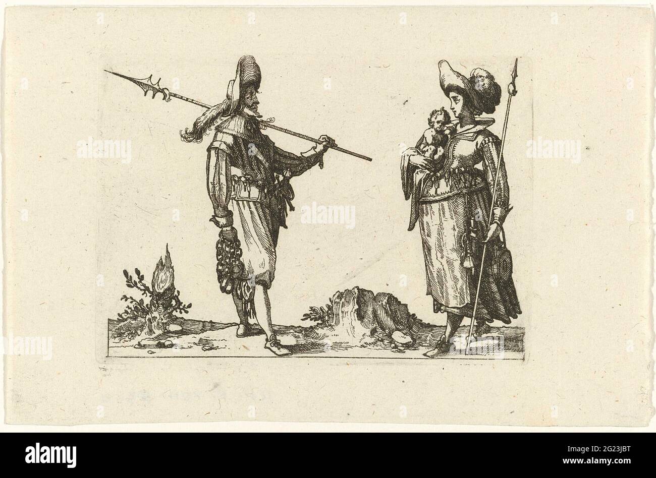 Peakier and a woman with child holding a lance; Soldiers and noblemen ...