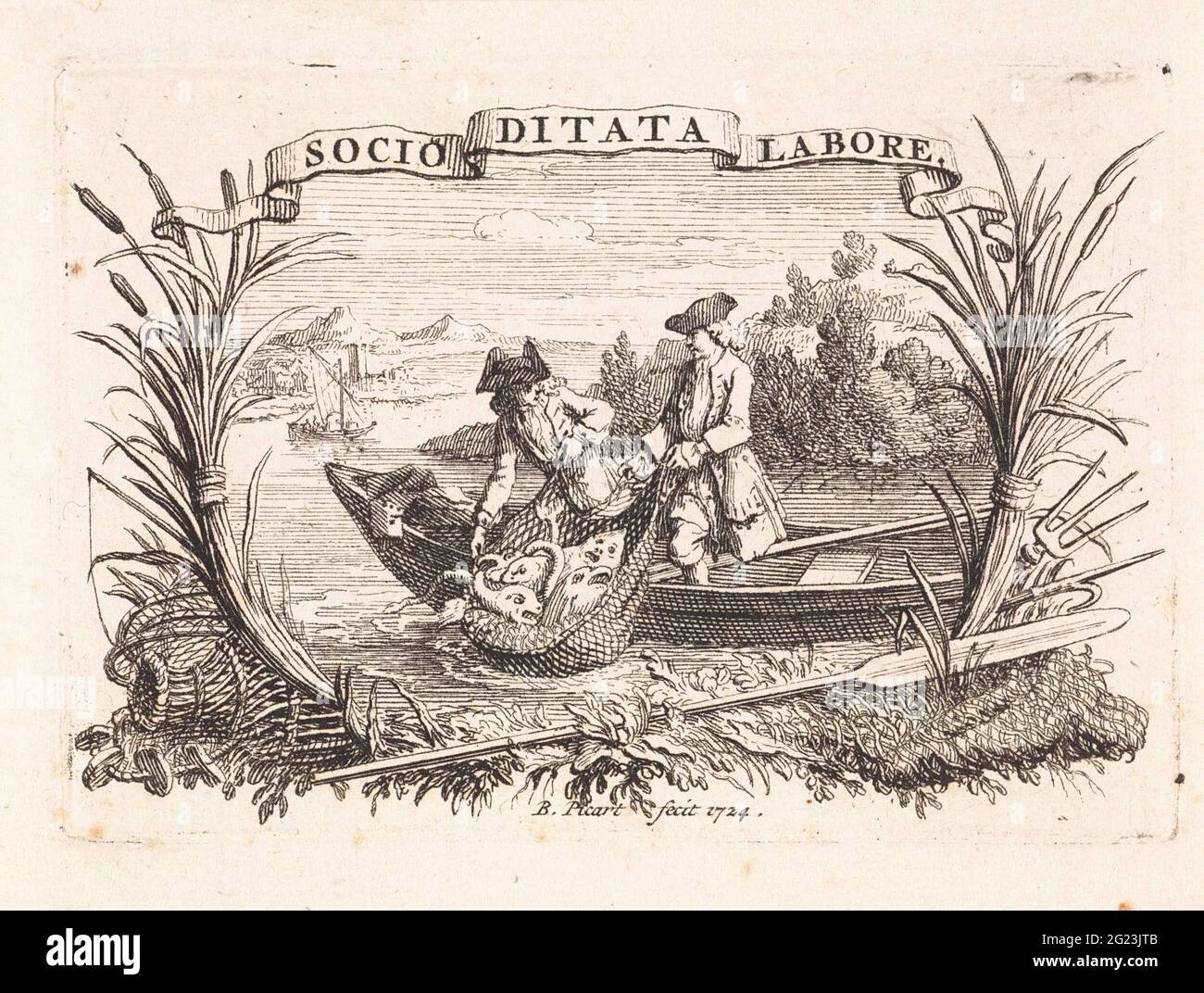 Vignette with two fishermen; Socio ditata labore. Two men in a rowing ...