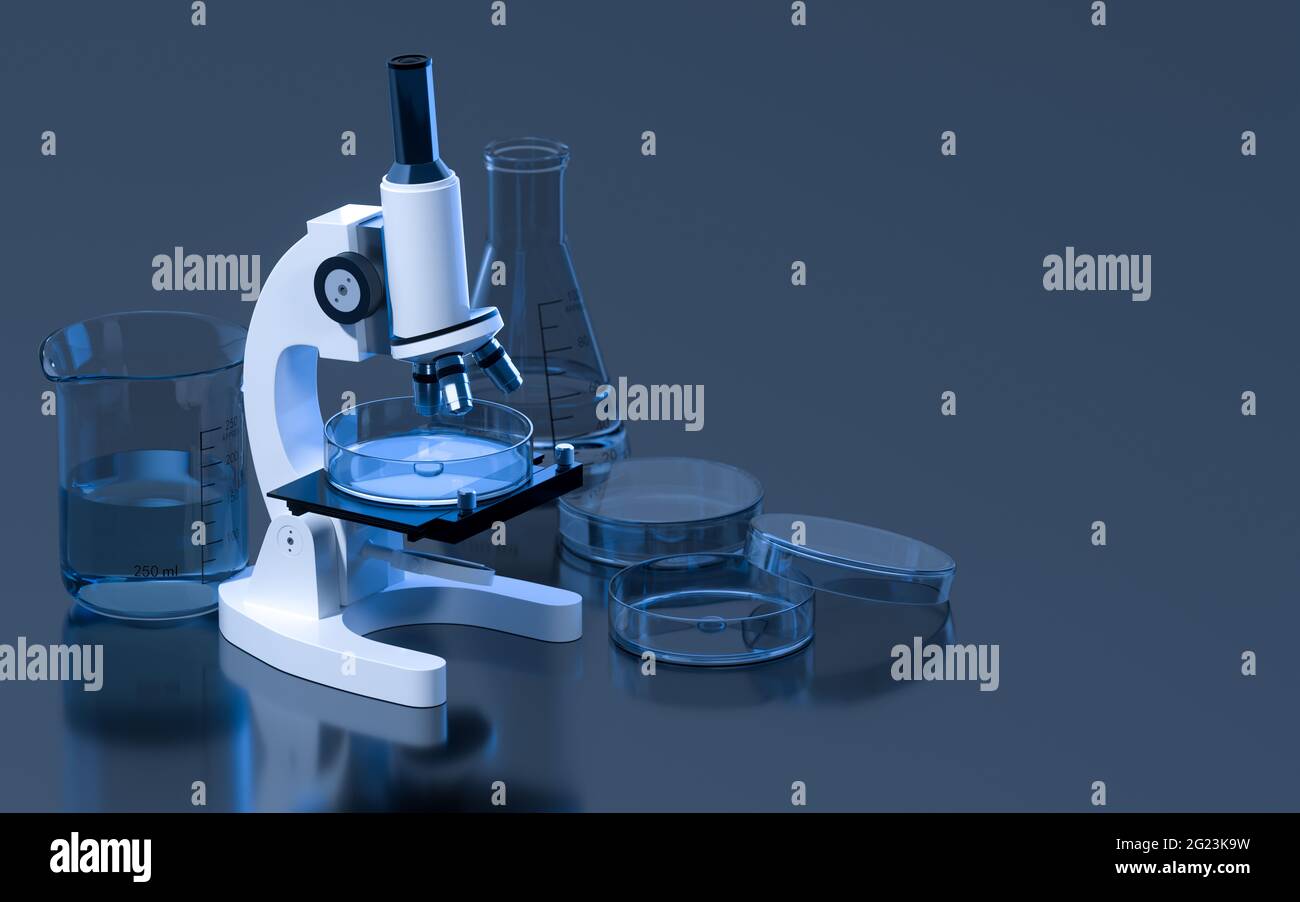 Glassware and microscope in the laboratory, 3d rendering. Computer ...