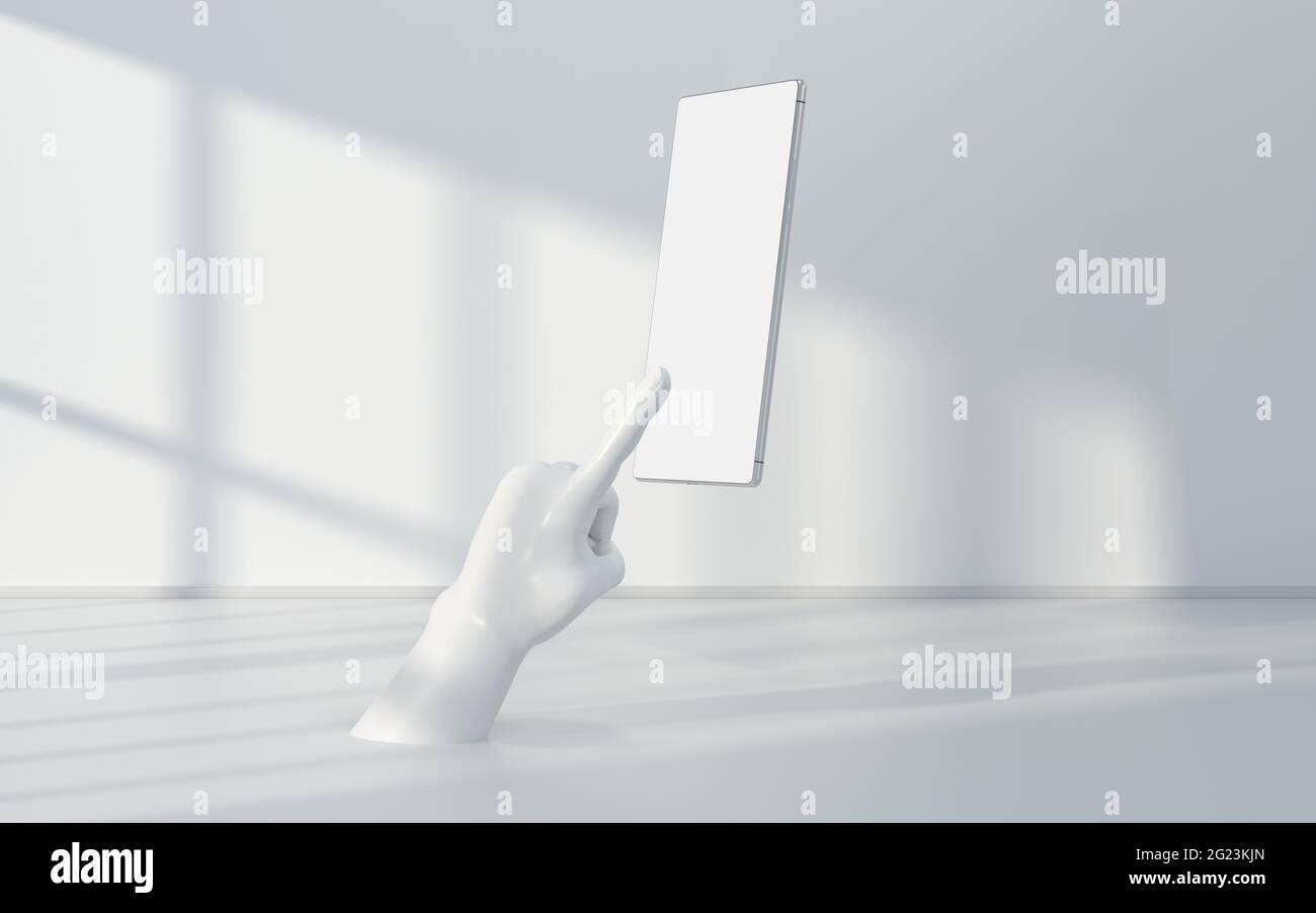 Hand and mobile with white background, 3d rendering. Computer digital ...