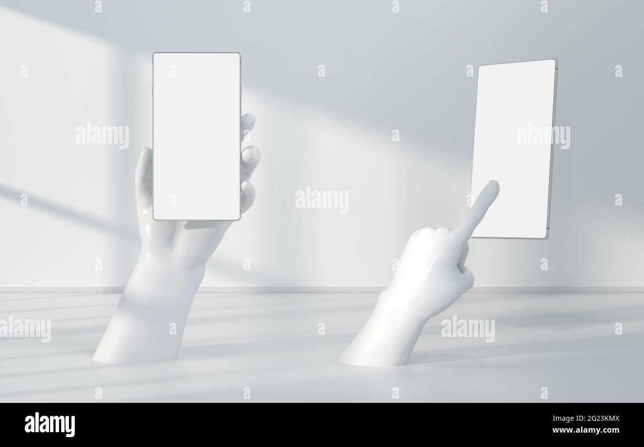 Hand and mobile with white background, 3d rendering. Computer digital ...