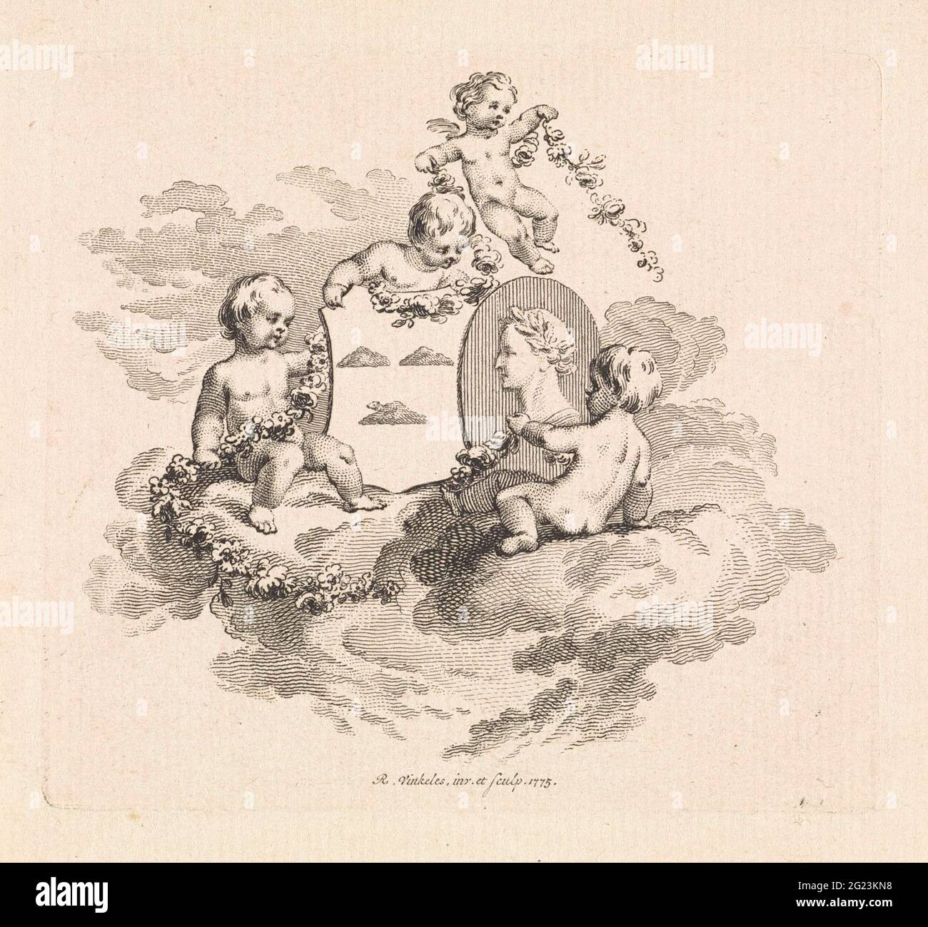 Four putti with the family weapons of countlands and hooft Stock Photo ...