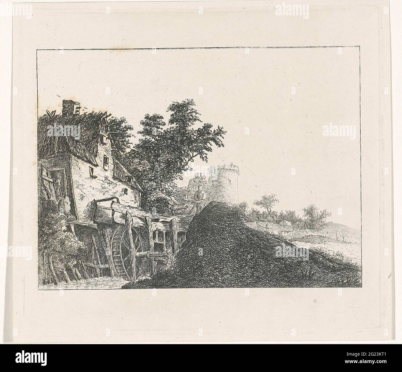 Landscape with water mill and tower. Links a water mill at a house. In ...