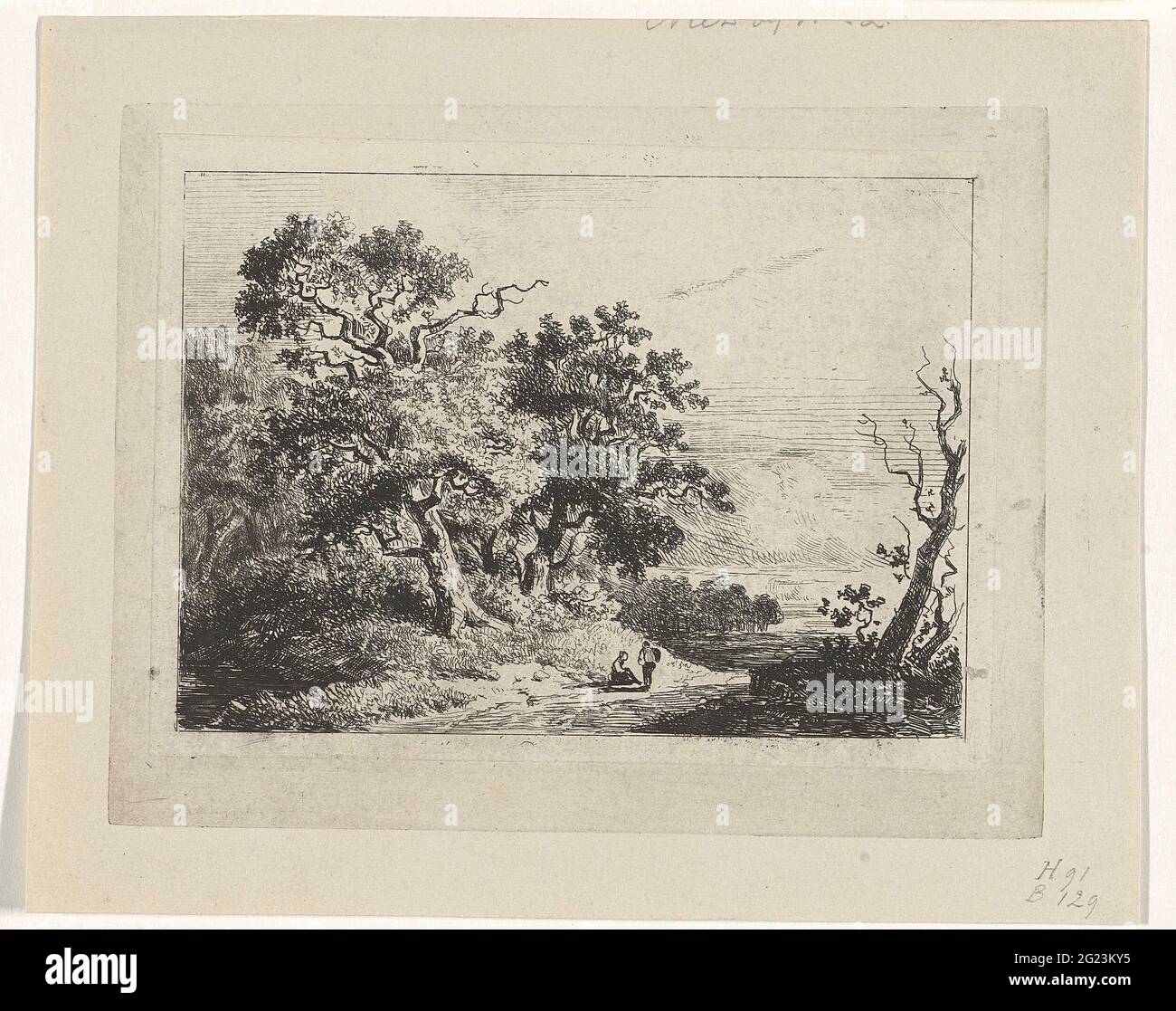 Landscape with trees and figures. Wooded landscape with a sitting and ...