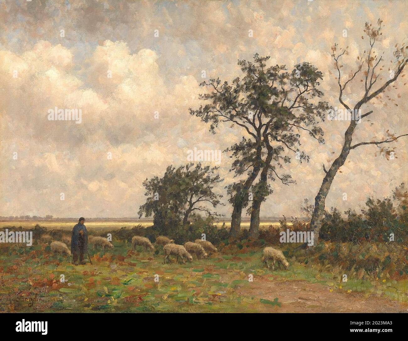 Landscape in Drenthe. Landscape in Drente. A shepherd with a herd of ...