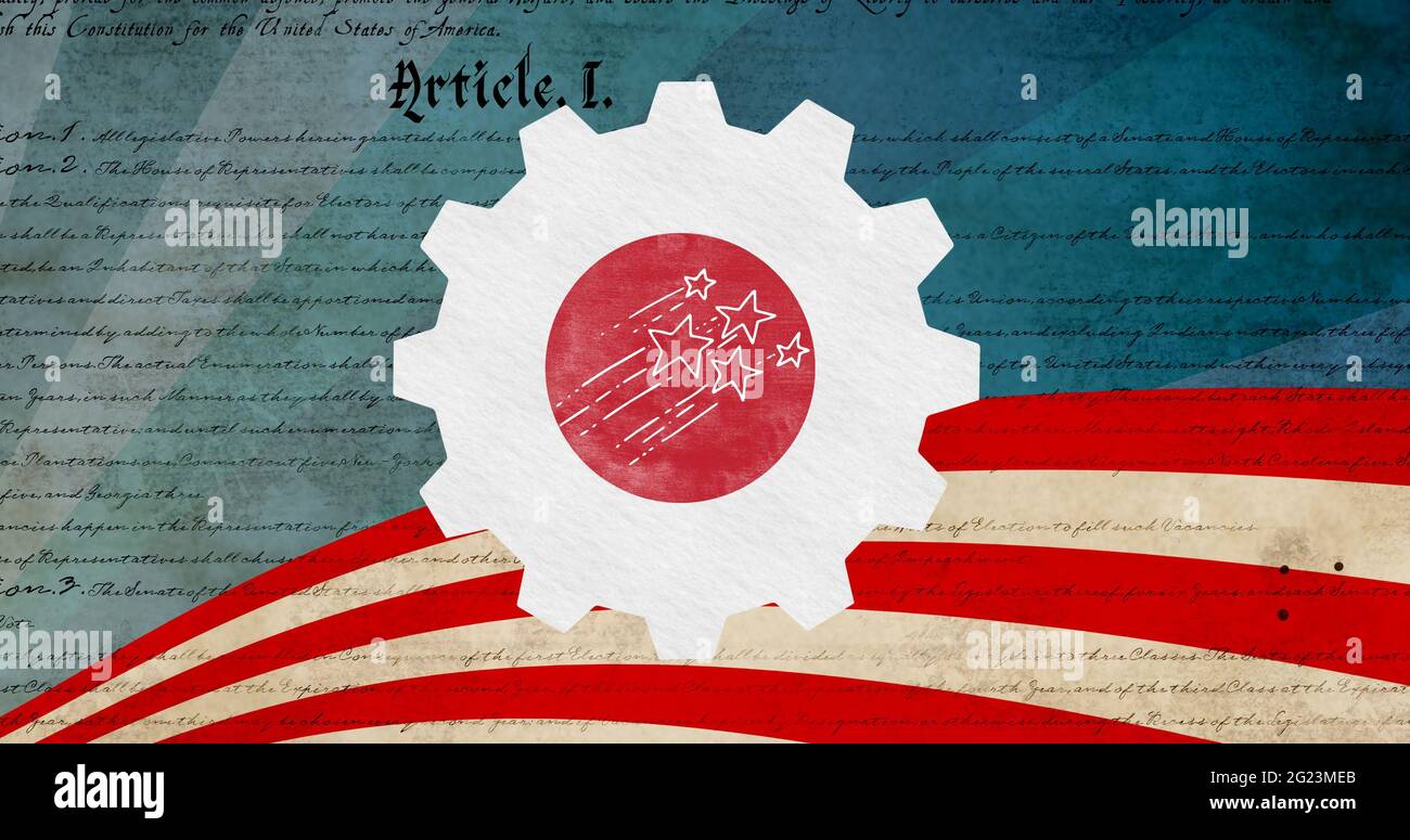 Multiple shooting stars over setting icon against american constitution ...