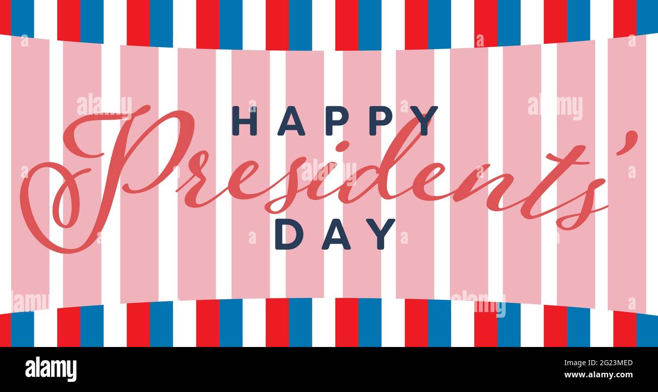 Happy president day text over pink banner against blue and red stripes ...
