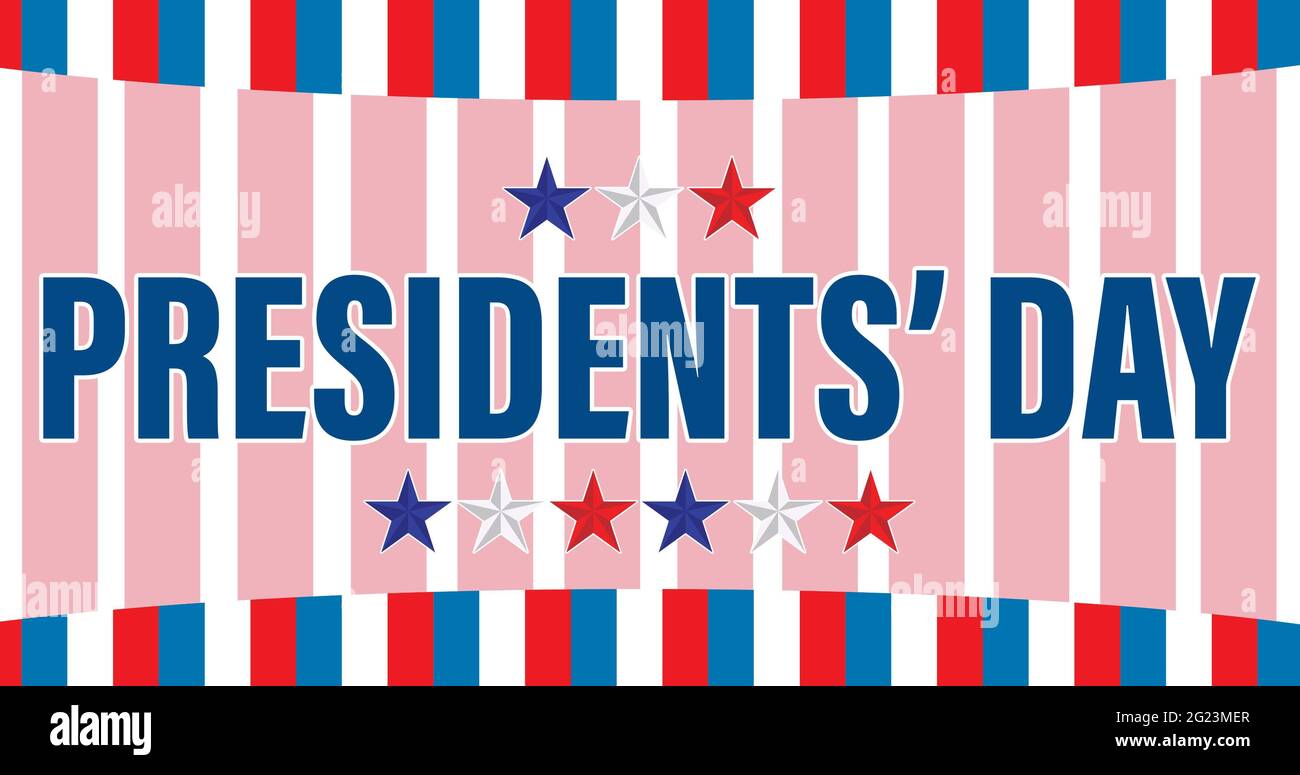 Stars and happy president day text over pink banner against blue and ...