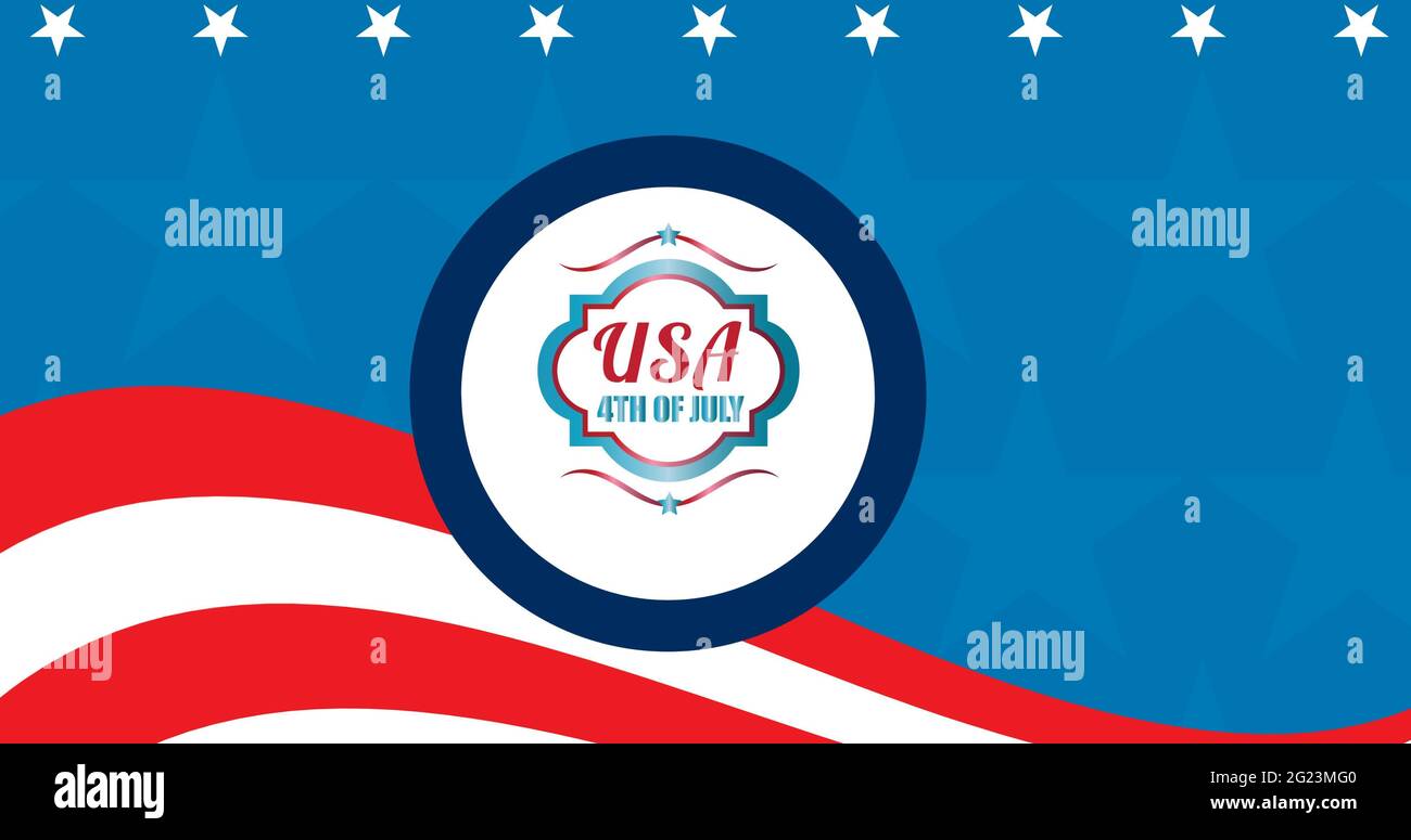 Happy independence day text over round banner against american flag ...