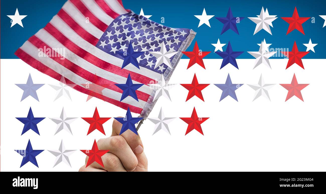 Multiple stars over hand holding a american flag against and white blue ...