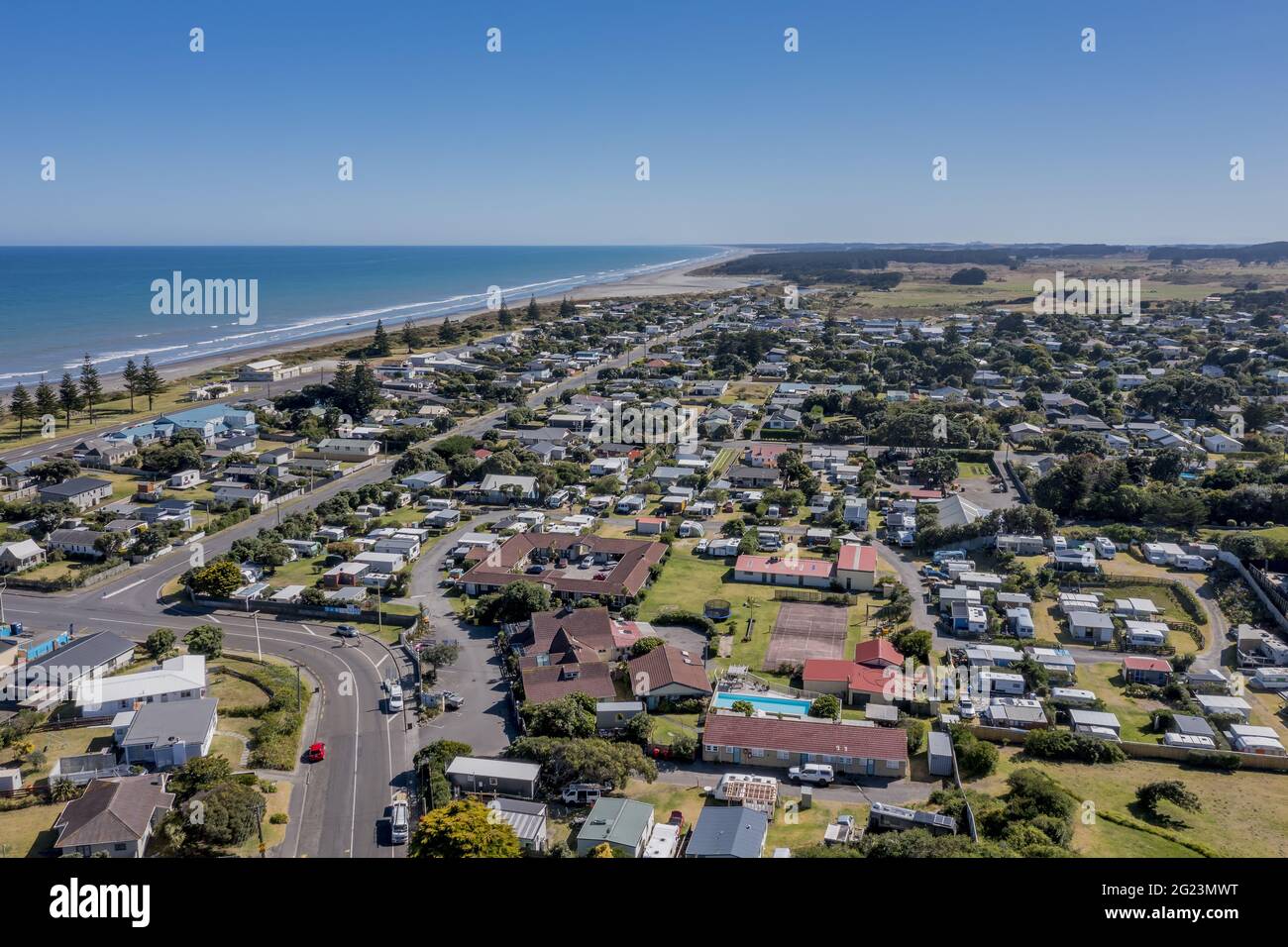 OTAKI BEACH, NEW ZEALAND - Feb 01, 2021: an aerial view, looking north ...