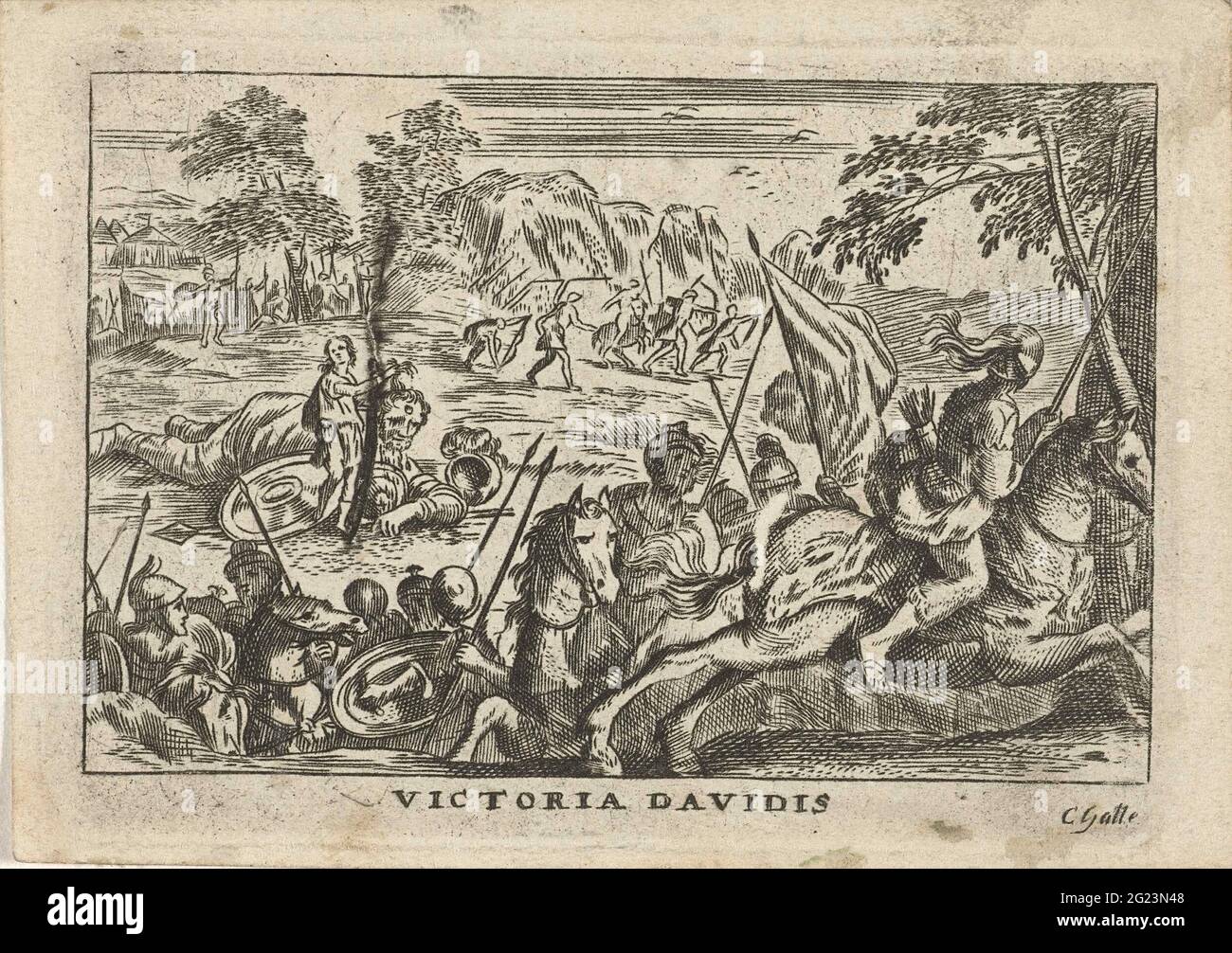 David and Goliath. David has conquered the giant Goliath and keeps his ...