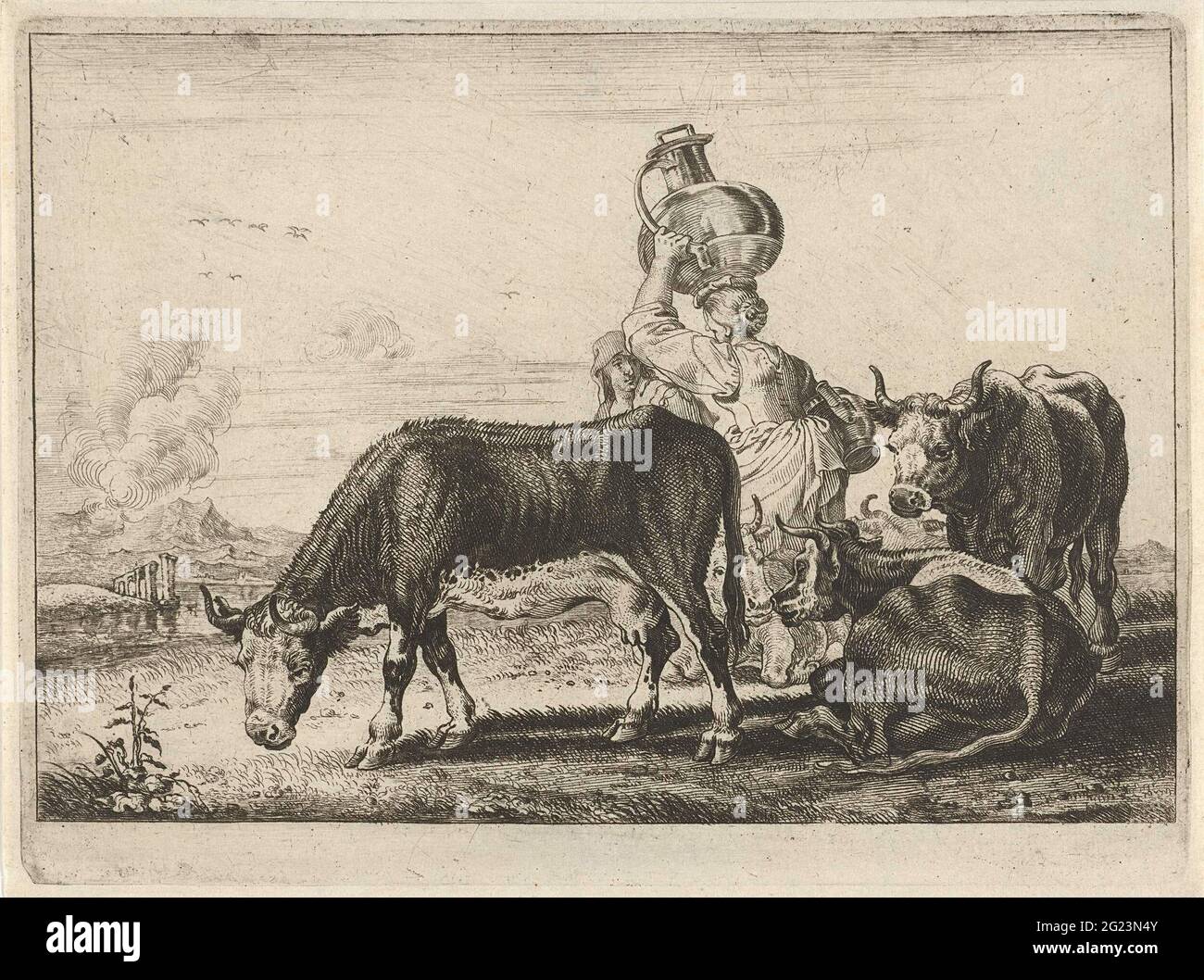 Cows and two milk girls. Two milk girls, one with a large can be on the ...