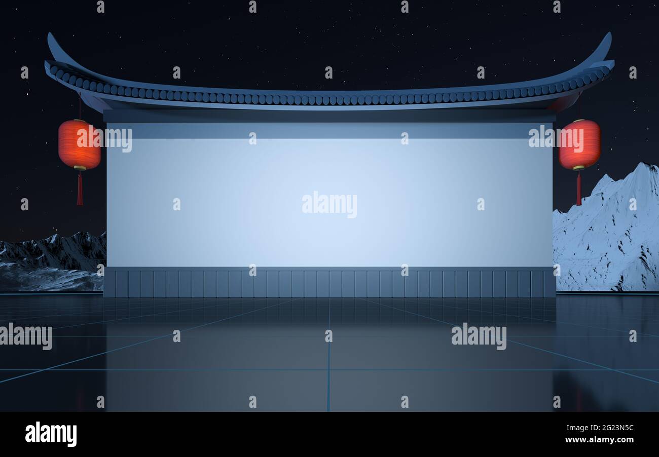 Empty bulletin board with snow mountains background, 3d rendering ...