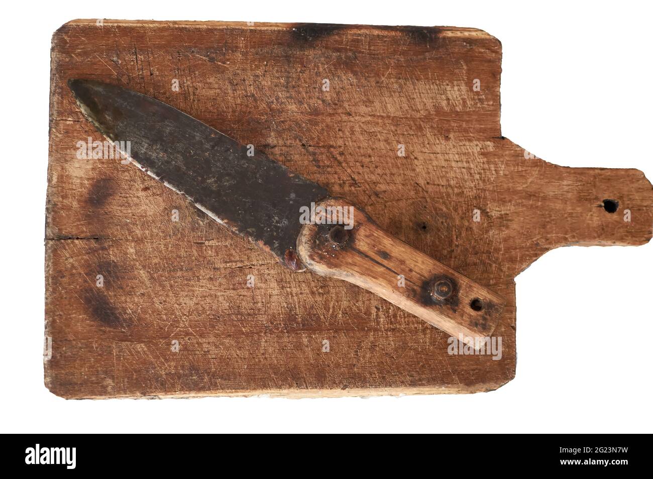 Vintage Old kitchen knife on cutting board. isolated on white ...
