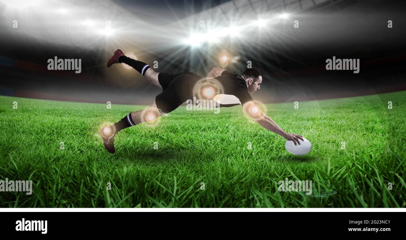 Multiple round scanners over caucasian male rugby player holding a ... Multiple round scanners over caucasian male rugby player holding a ...