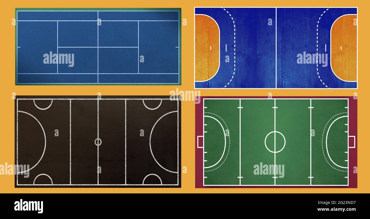 Composition of different sports fields on orange background Stock Photo ...