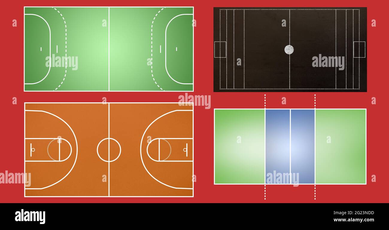 Composition of different sports fields on red background Stock Photo ...