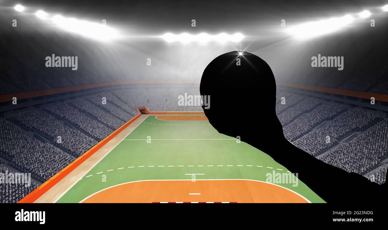 Composition of female handball player holding ball over sports stadium ...