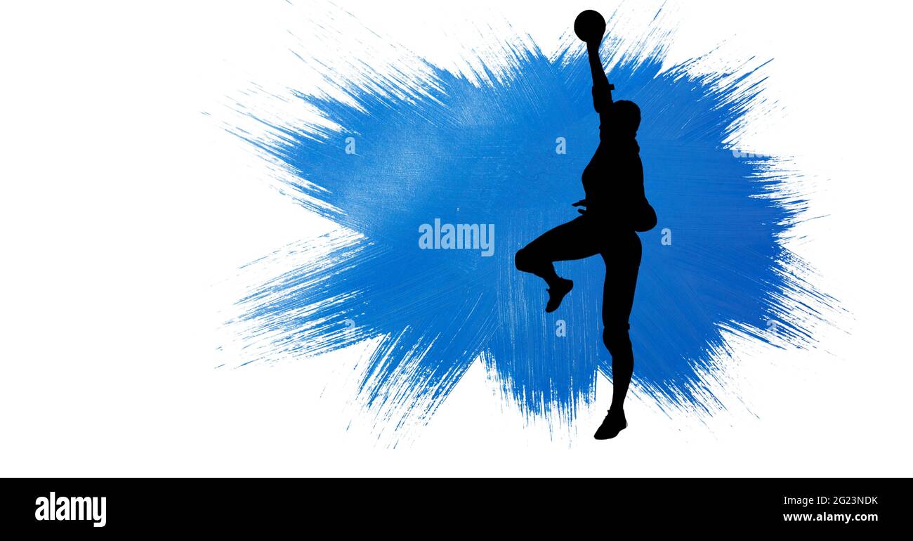 Composition of female handball player on white background with blue ...