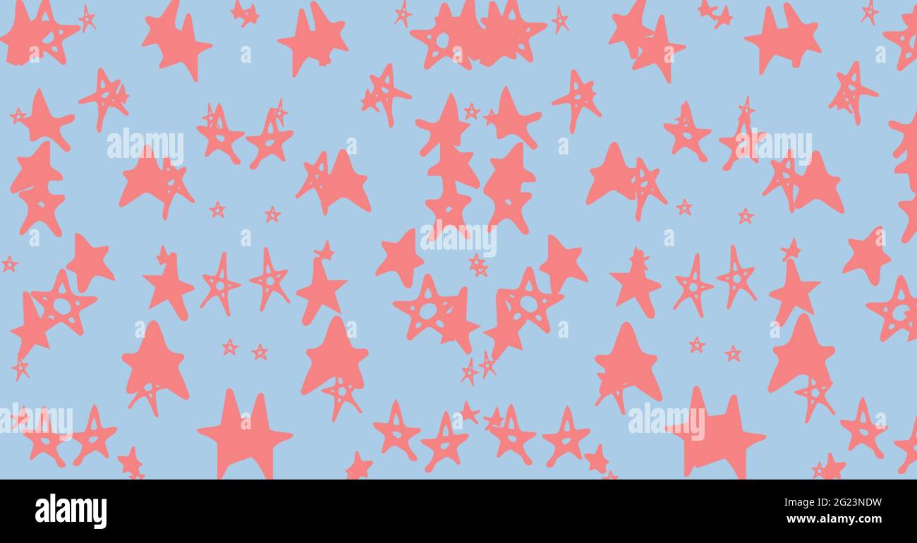 Composition of hand drawn overlapping pink stars repeated on blue ...