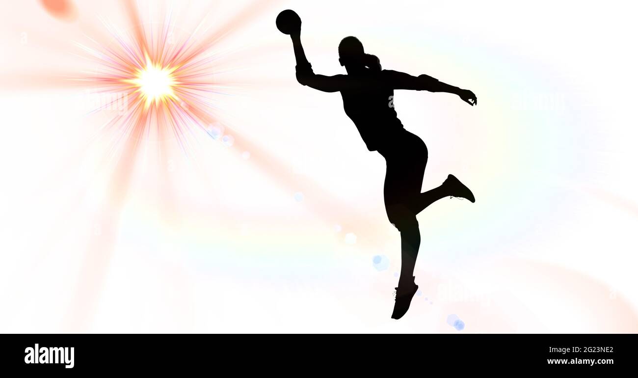 Composition of female handball player on white background with light ...