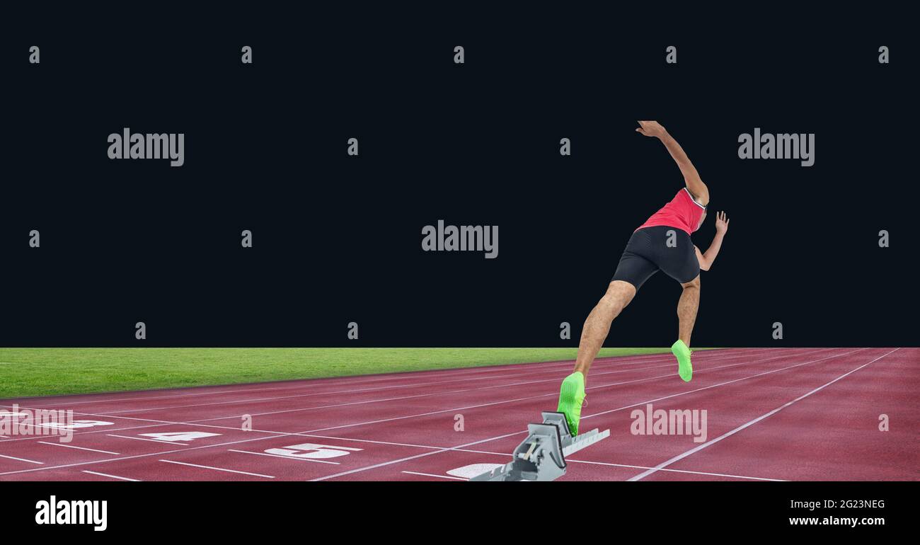 Composition of caucasian male runner over sports field Stock Photo - Alamy