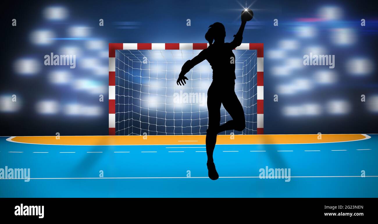 Composition of female handball player over sports stadium Stock Photo ...