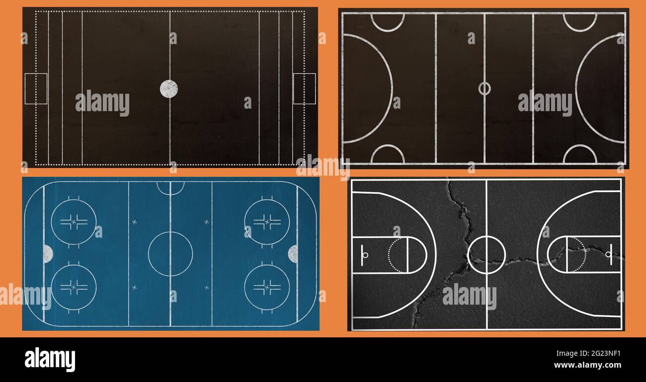 Composition of different sports fields on red background Stock Photo ...