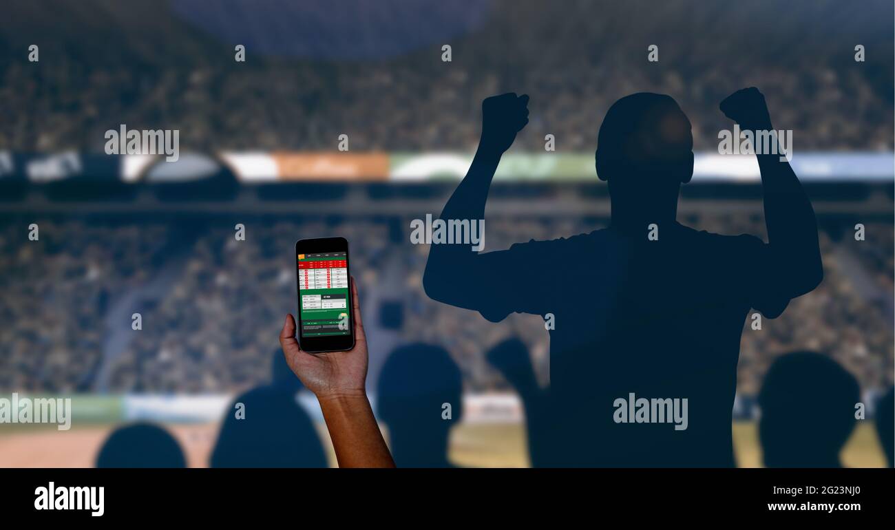 Composition of man using smartphone with sports app over fans at sports ...