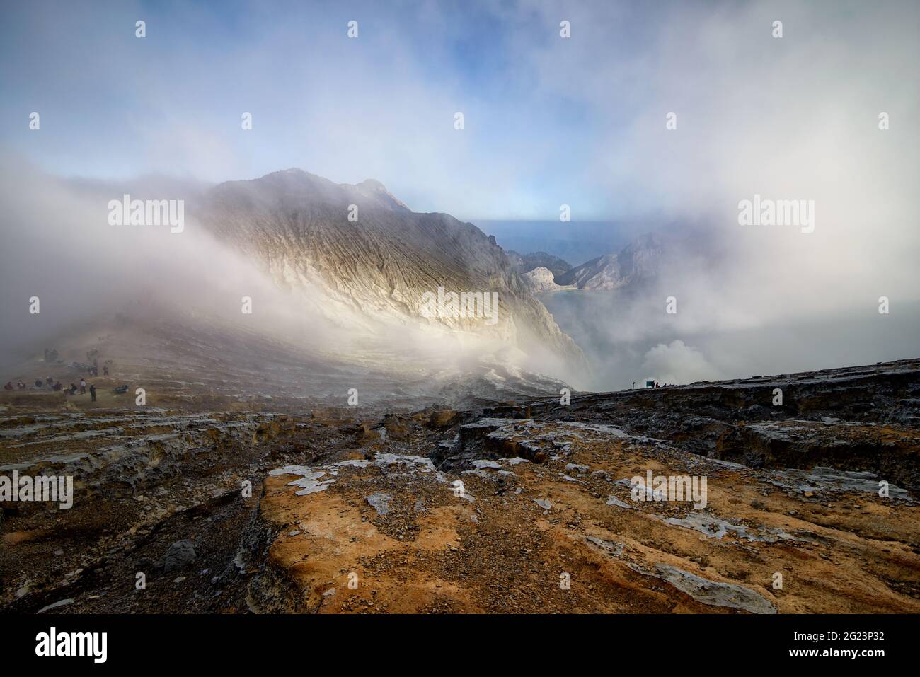 The beautiful scenery of the volcano at Kawah Ijen in sunrise time at ...