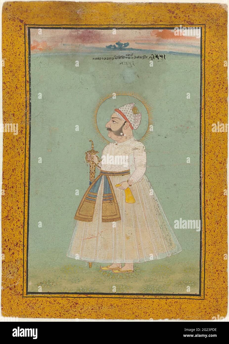 Portrait of jaisingh, founder of Jaipur. Against a light green ...