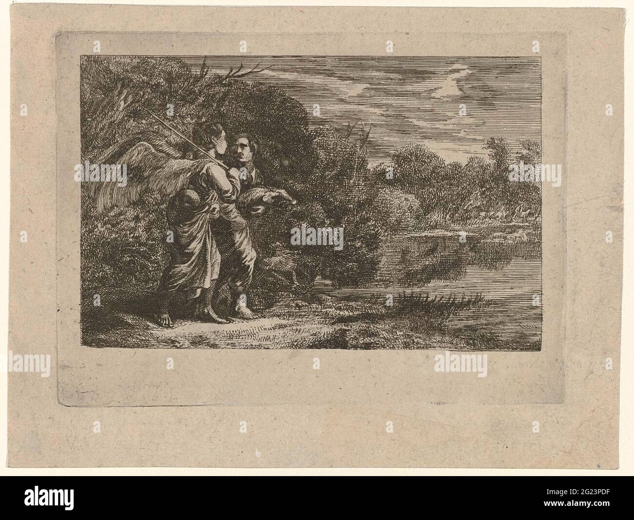Tobias and the angel traveling. Night landscape with Tobias and ...