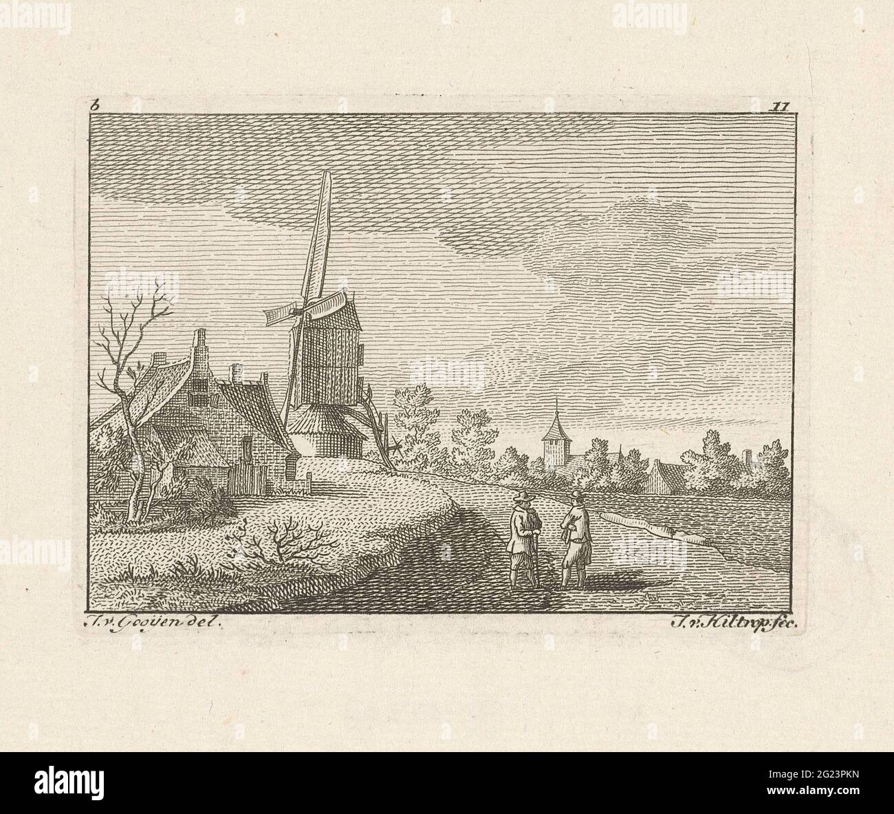 Landscape with a farm and a mill. Two figures on a road with links a ...