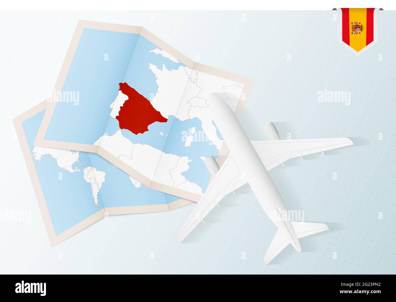 Travel to Spain, top view airplane with map and flag of Spain. Travel ...