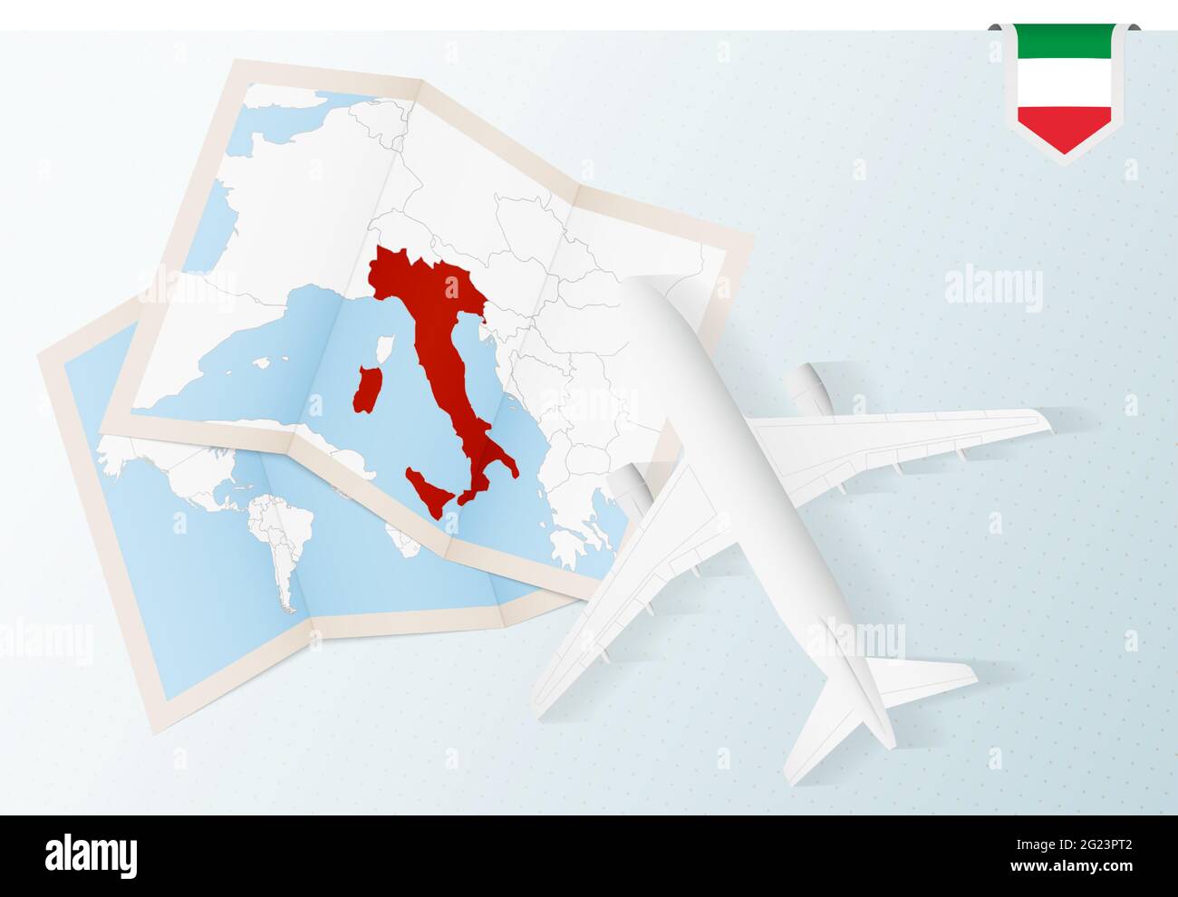 Travel to Italy, top view airplane with map and flag of Italy. Travel ...