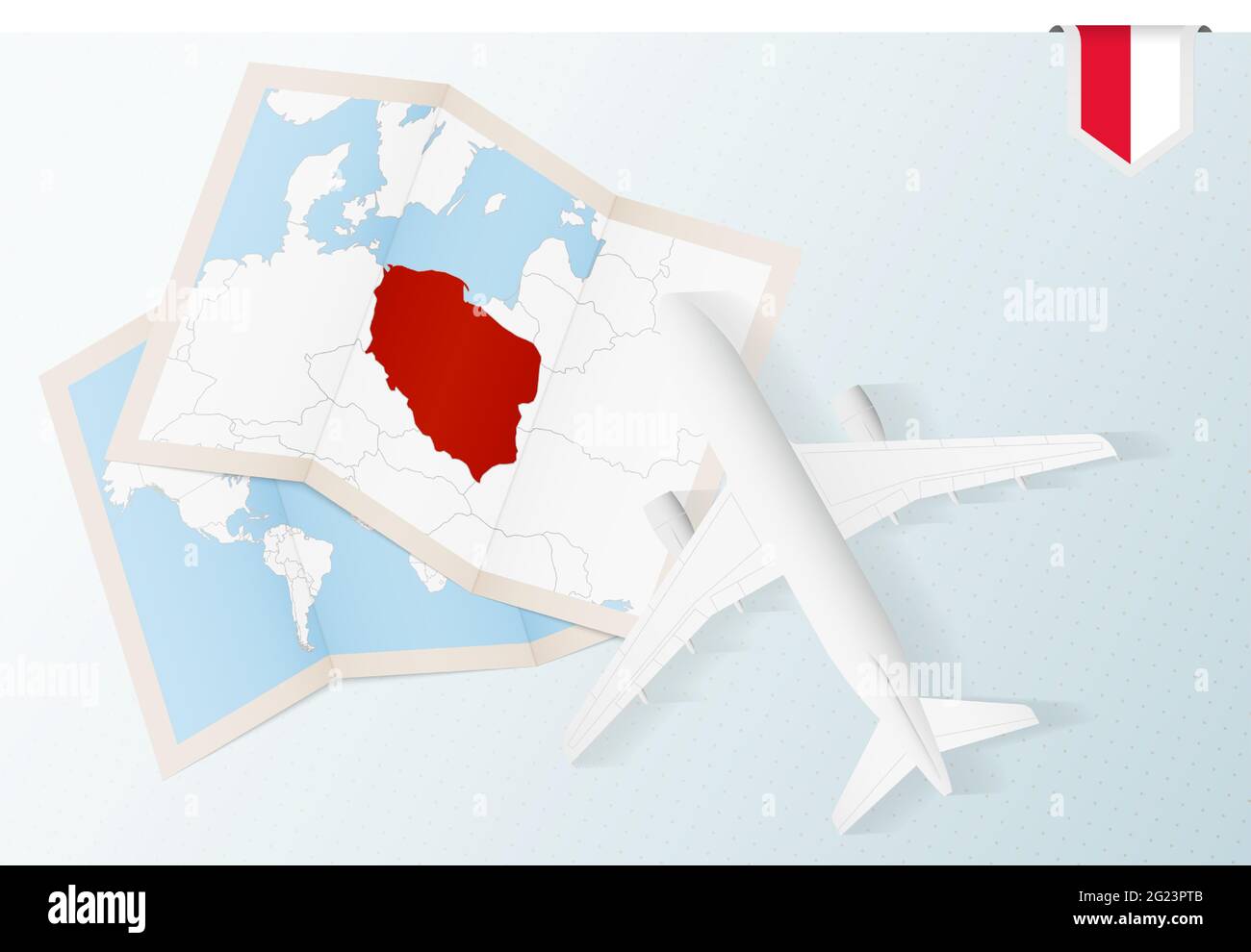 Travel to Poland, top view airplane with map and flag of Poland. Travel ...