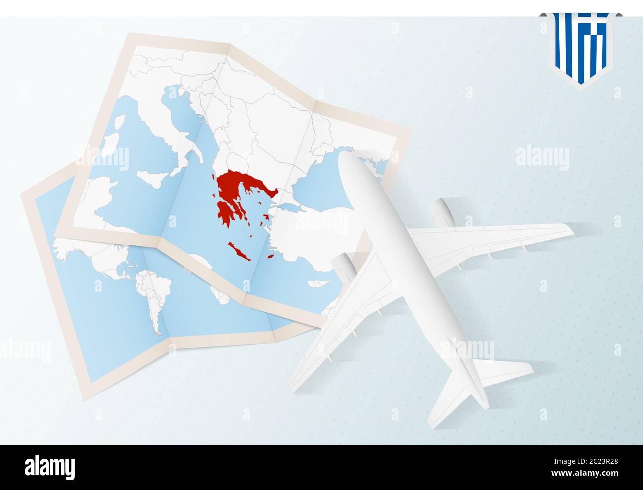 Travel to Greece, top view airplane with map and flag of Greece. Travel ...