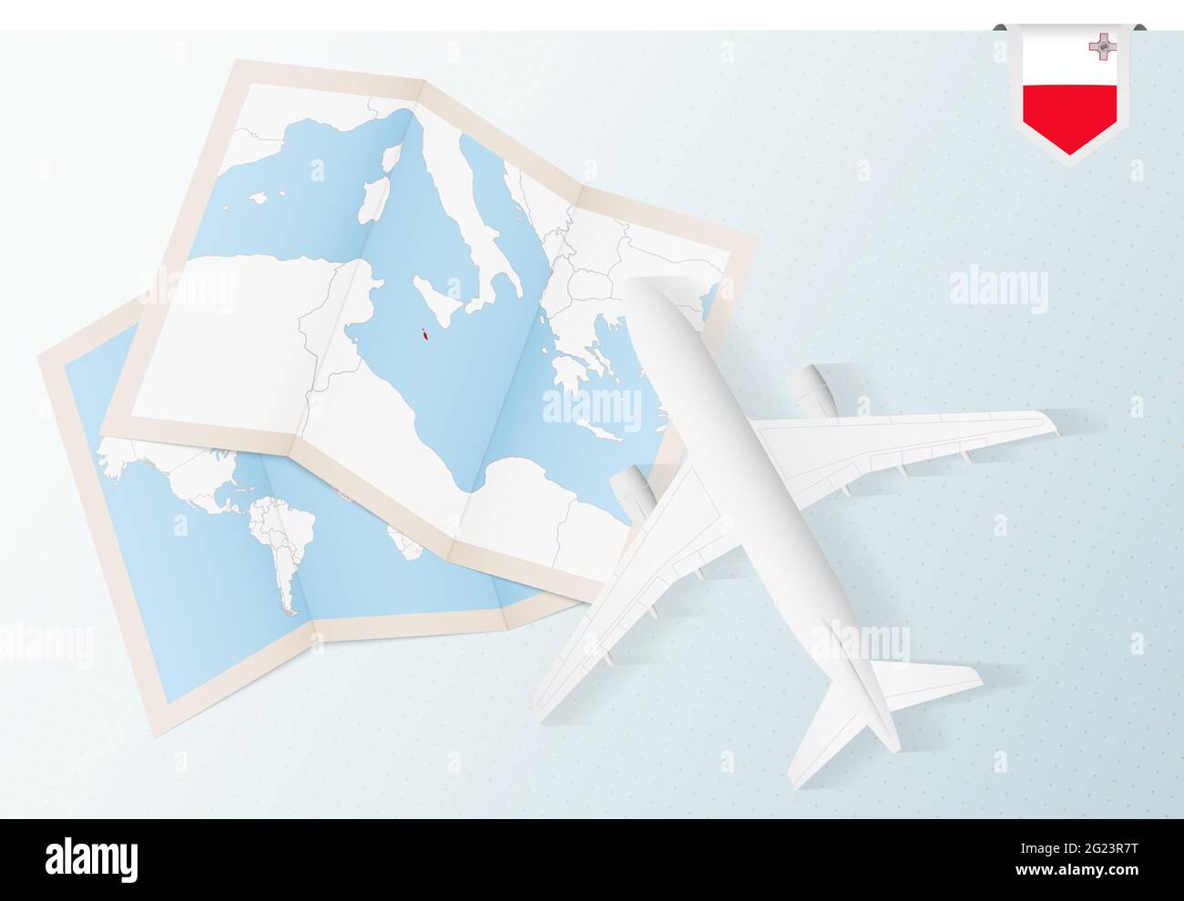 Travel to Malta, top view airplane with map and flag of Malta. Travel ...