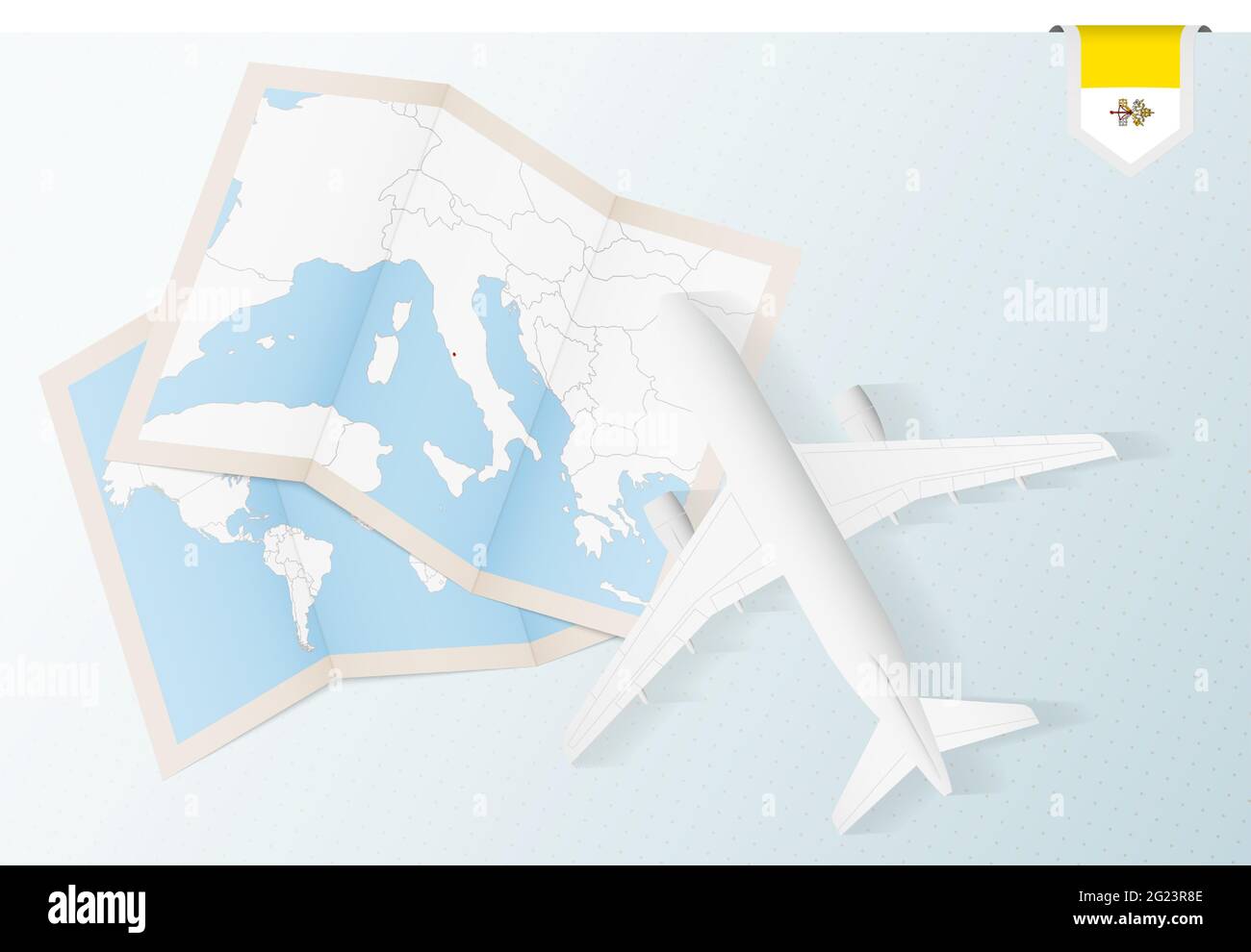 Travel to Vatican City, top view airplane with map and flag of Vatican ...