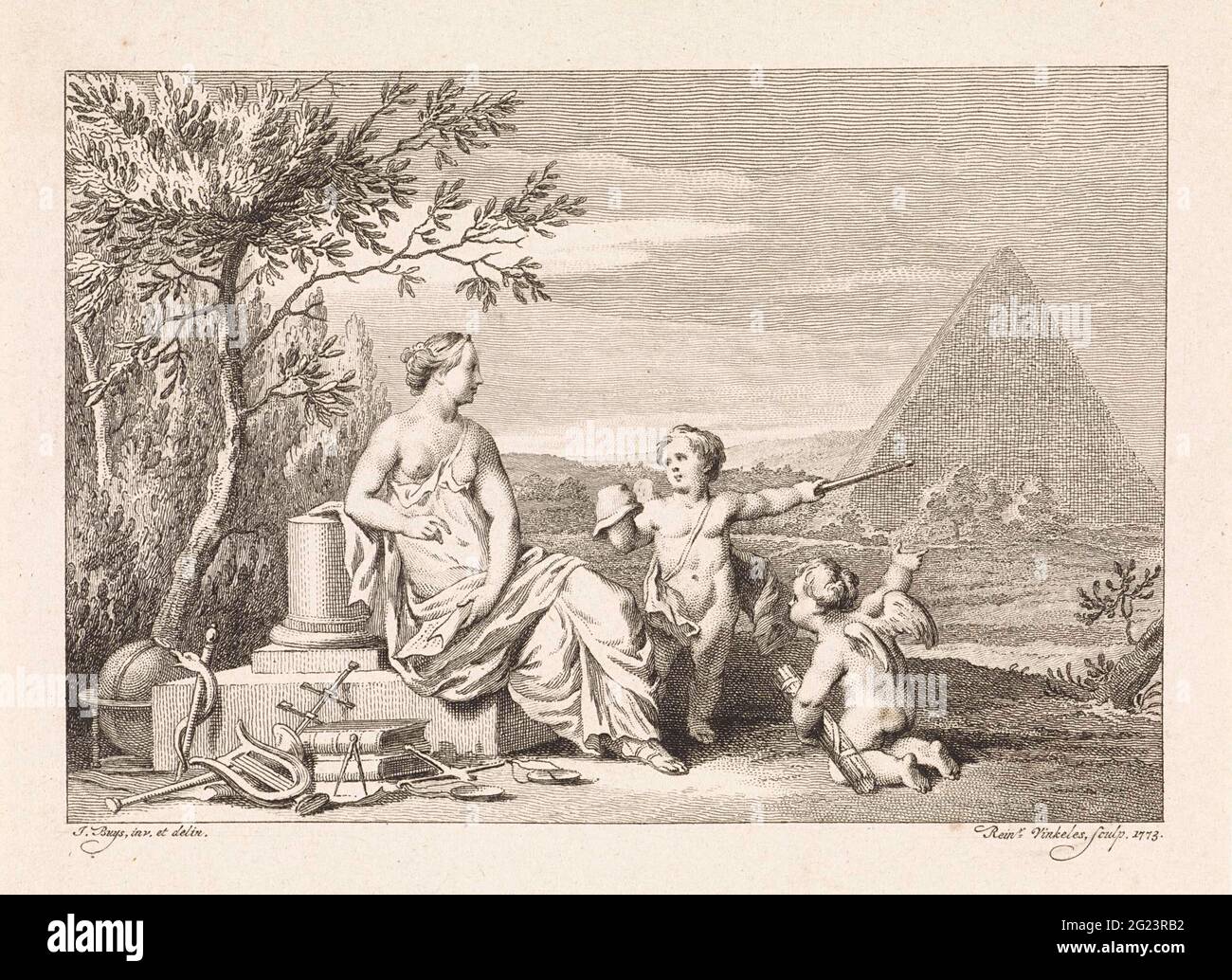 Two putti and a young woman at a pyramid. A young woman and two putti ...