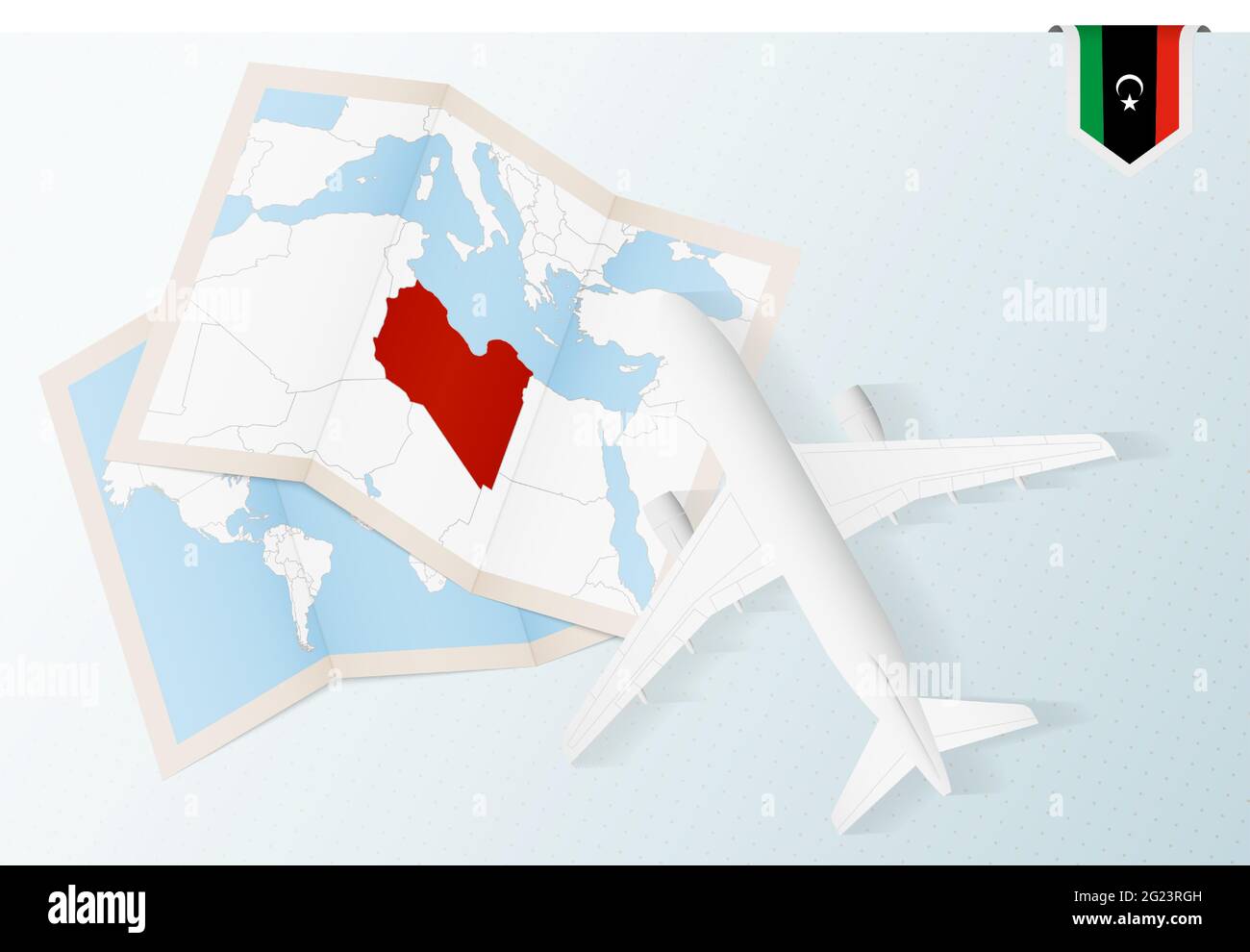 Travel to Libya, top view airplane with map and flag of Libya. Travel ...