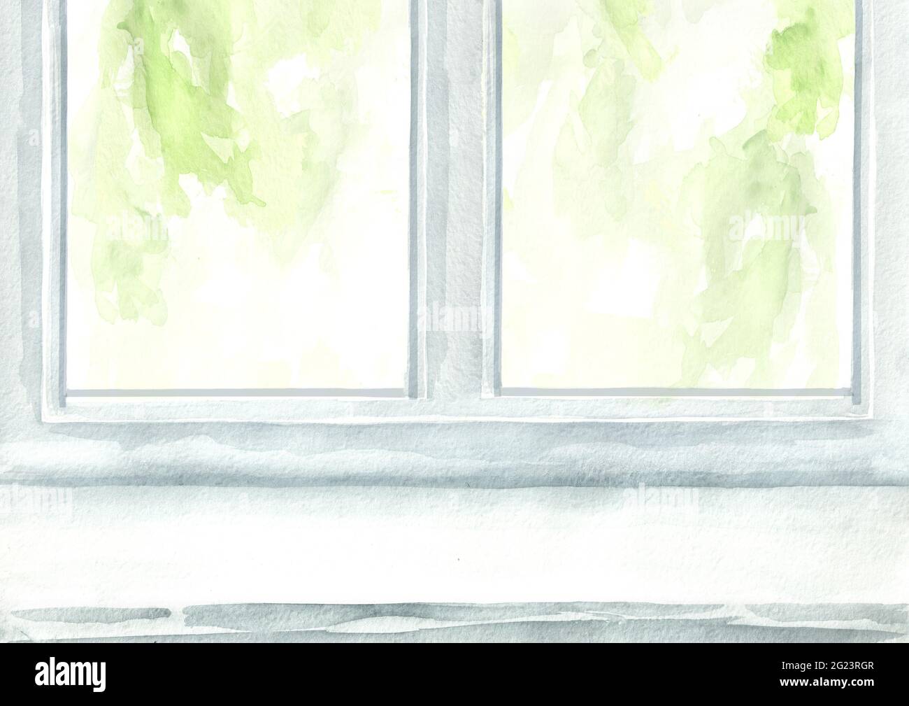 Window frame and an empty window sill with copy space, Watercolor hand ...