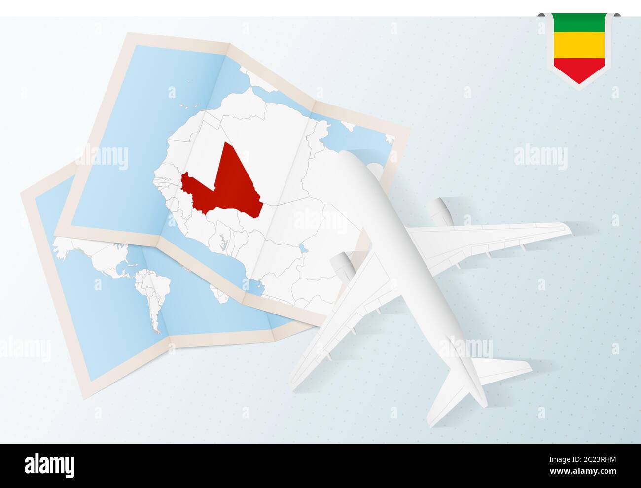 Travel to Mali, top view airplane with map and flag of Mali. Travel and ...
