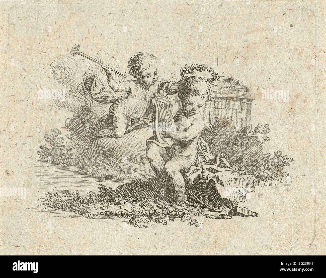 Vignet with two putti. A putto is sitting on a stone winch and is ...