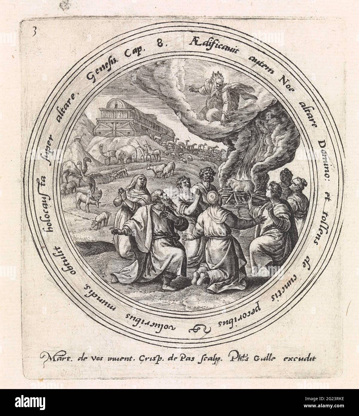 Noah's sacrifice; History of Noah. Noah and his family are kneeling for ...