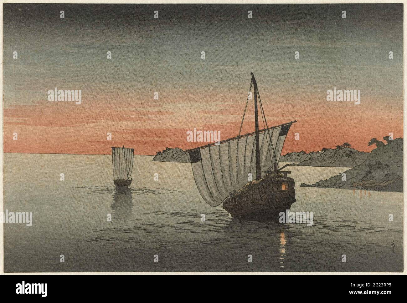 Two sailing ships along the coast. Crepe paper print with two sailing ...