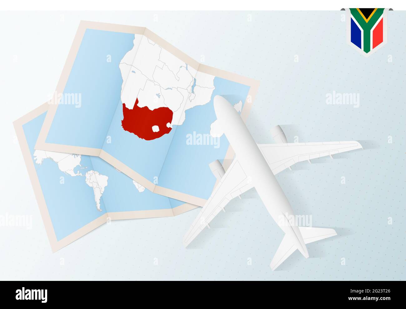 Travel to South Africa, top view airplane with map and flag of South ...