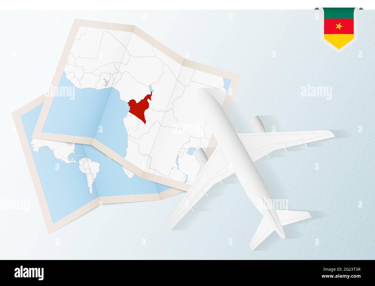 Travel to Cameroon, top view airplane with map and flag of Cameroon ...