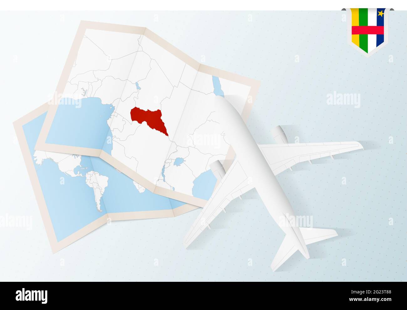 Travel to Central African Republic, top view airplane with map and flag ...